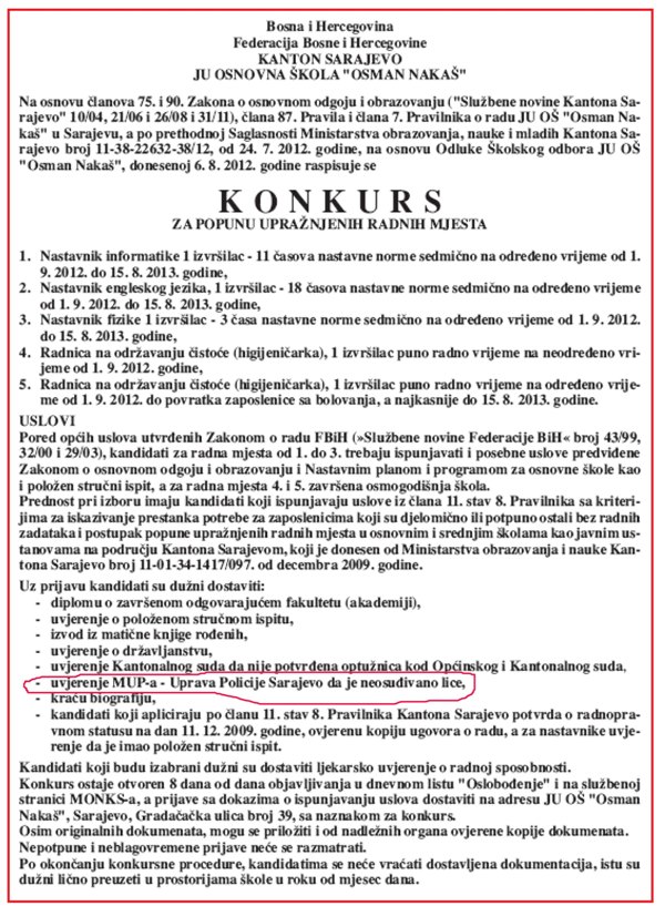 Kome je OŠ 'Osman Nakaš' iz Sarajeva 'naštelila' mjesta nastavnika ...